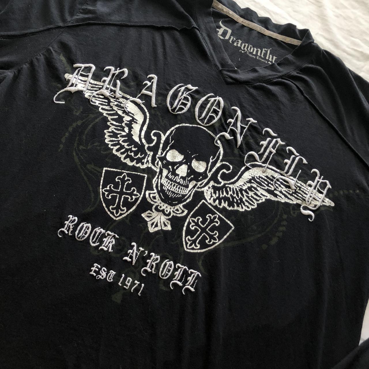 Vintage embroidered cybery2k grunge winged skull... - Depop