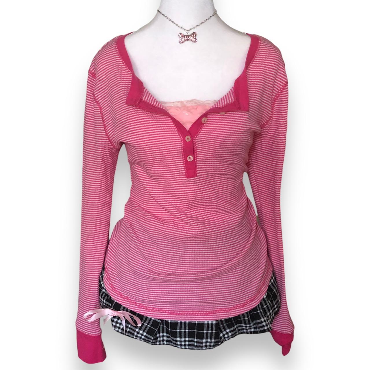 Old Navy Pink And White Striped Button Down Henley Depop