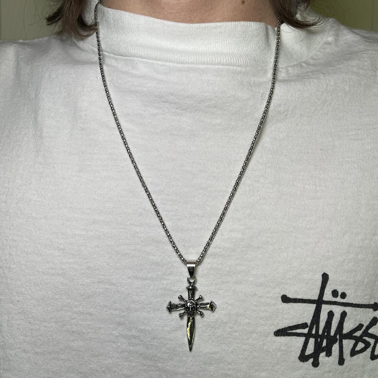 y2k 2000s skull crossbones sword dagger emo silver... - Depop