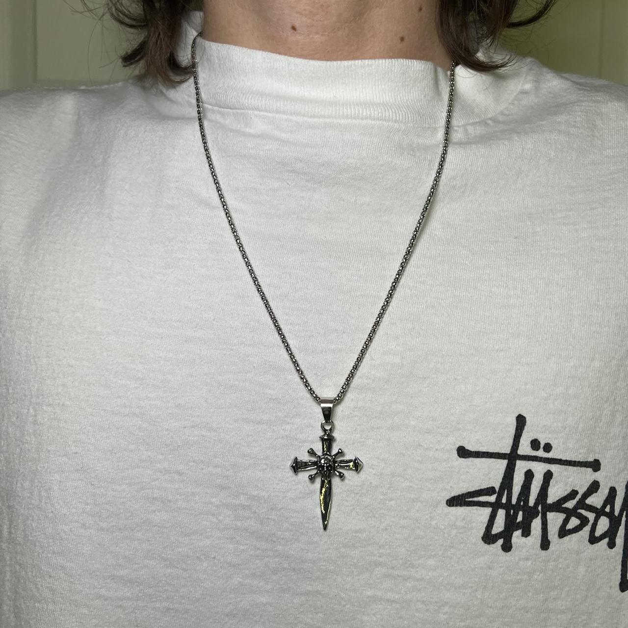 y2k 2000s skull crossbones sword dagger emo silver... - Depop