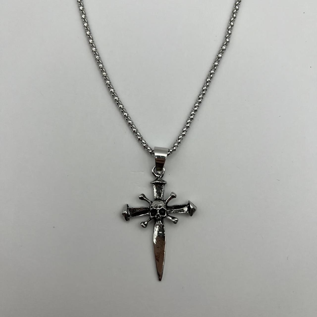 y2k 2000s skull crossbones sword dagger emo silver... - Depop