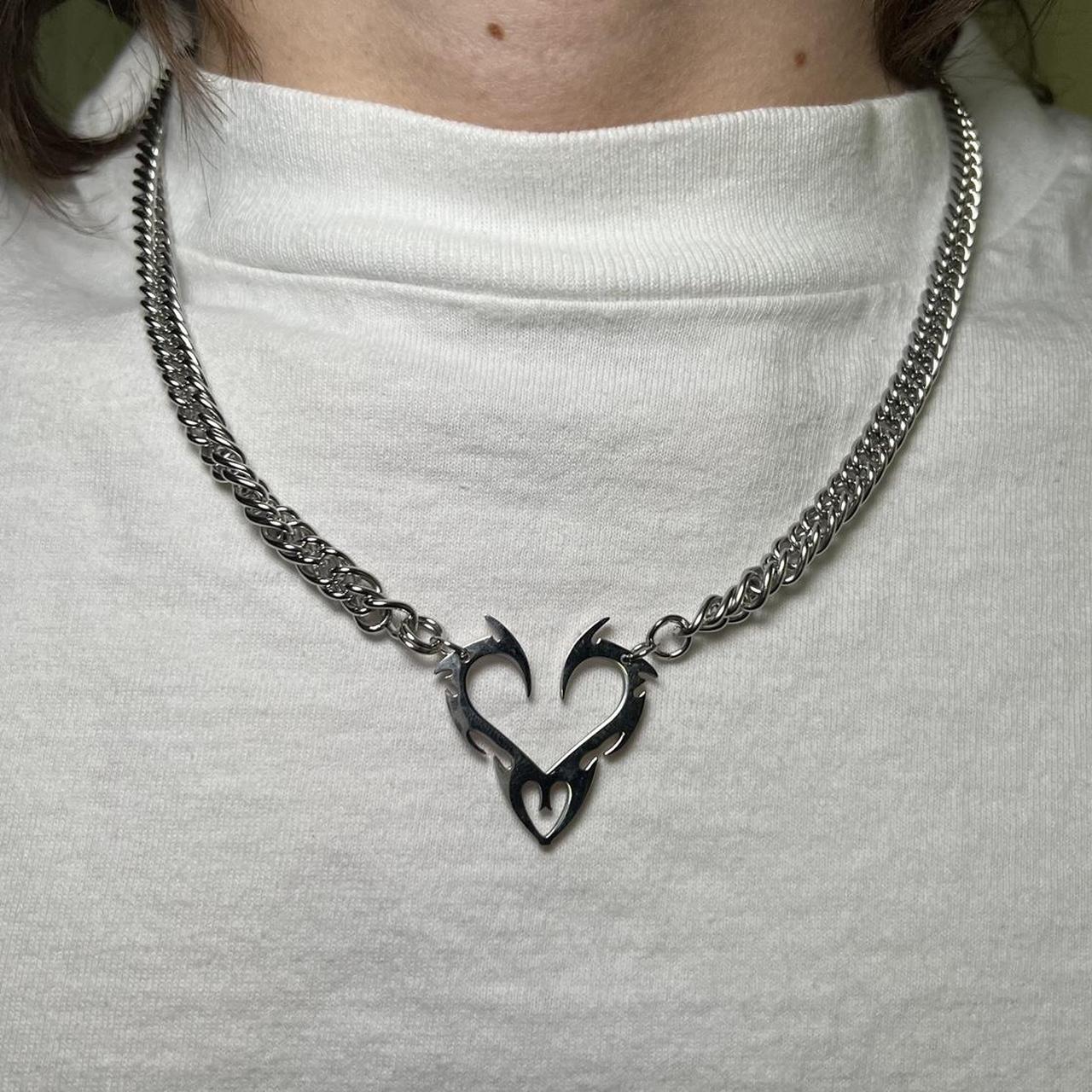 y2k 2000s gothic punk flame heart emo silver... - Depop