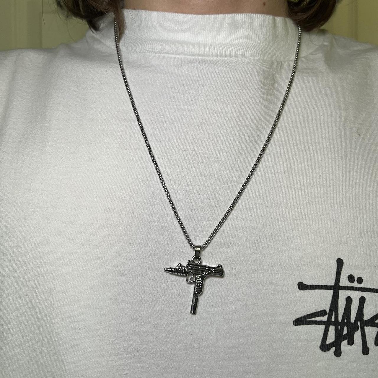 y2k 2000s mini uzi silver necklace these chains are... - Depop