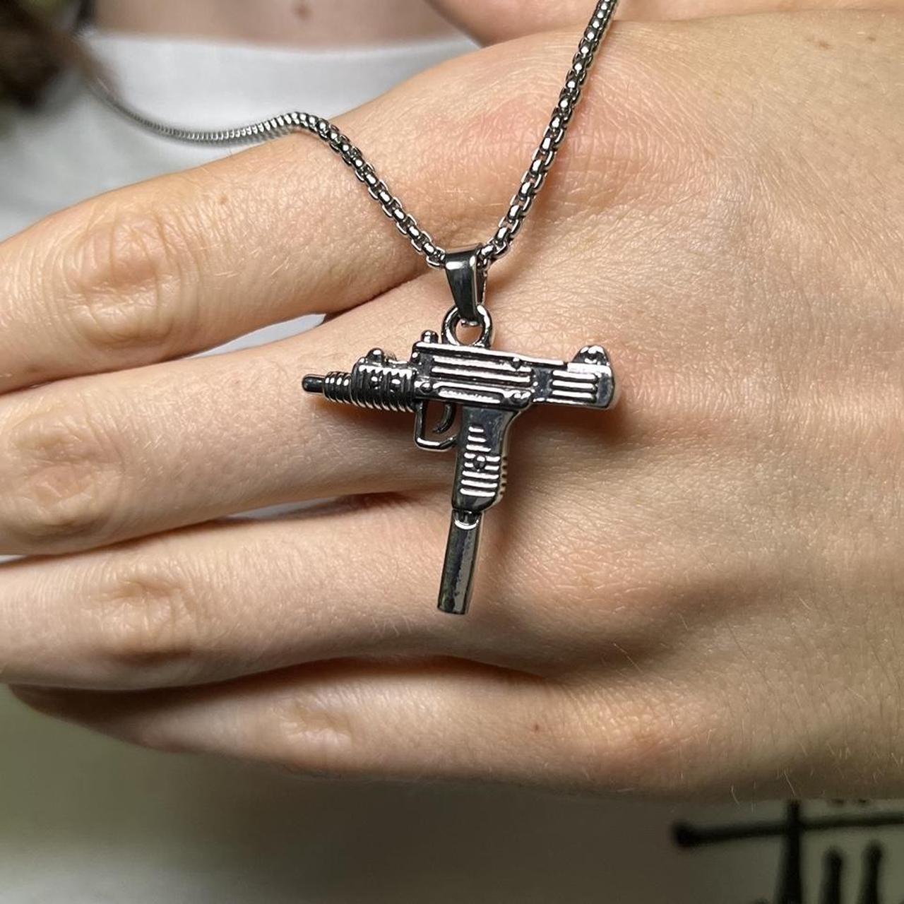 y2k 2000s mini uzi silver necklace these chains are... - Depop