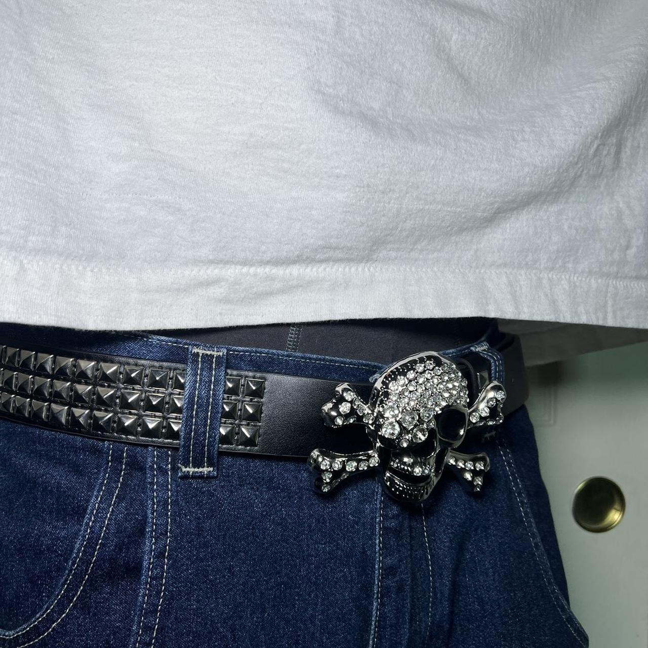 y2k 2000s skull and crossbones rhinestone studded... - Depop