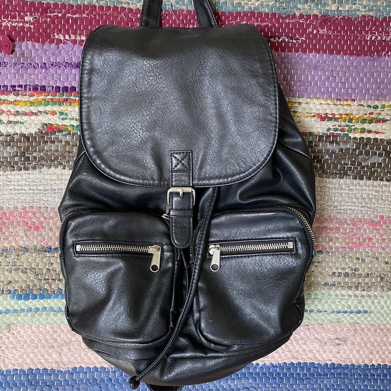 Black faux leather backpack - Depop