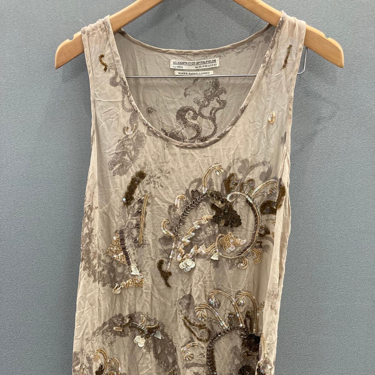 All Saints Taupe Hand Embroidered Silk Singlet Size... - Depop