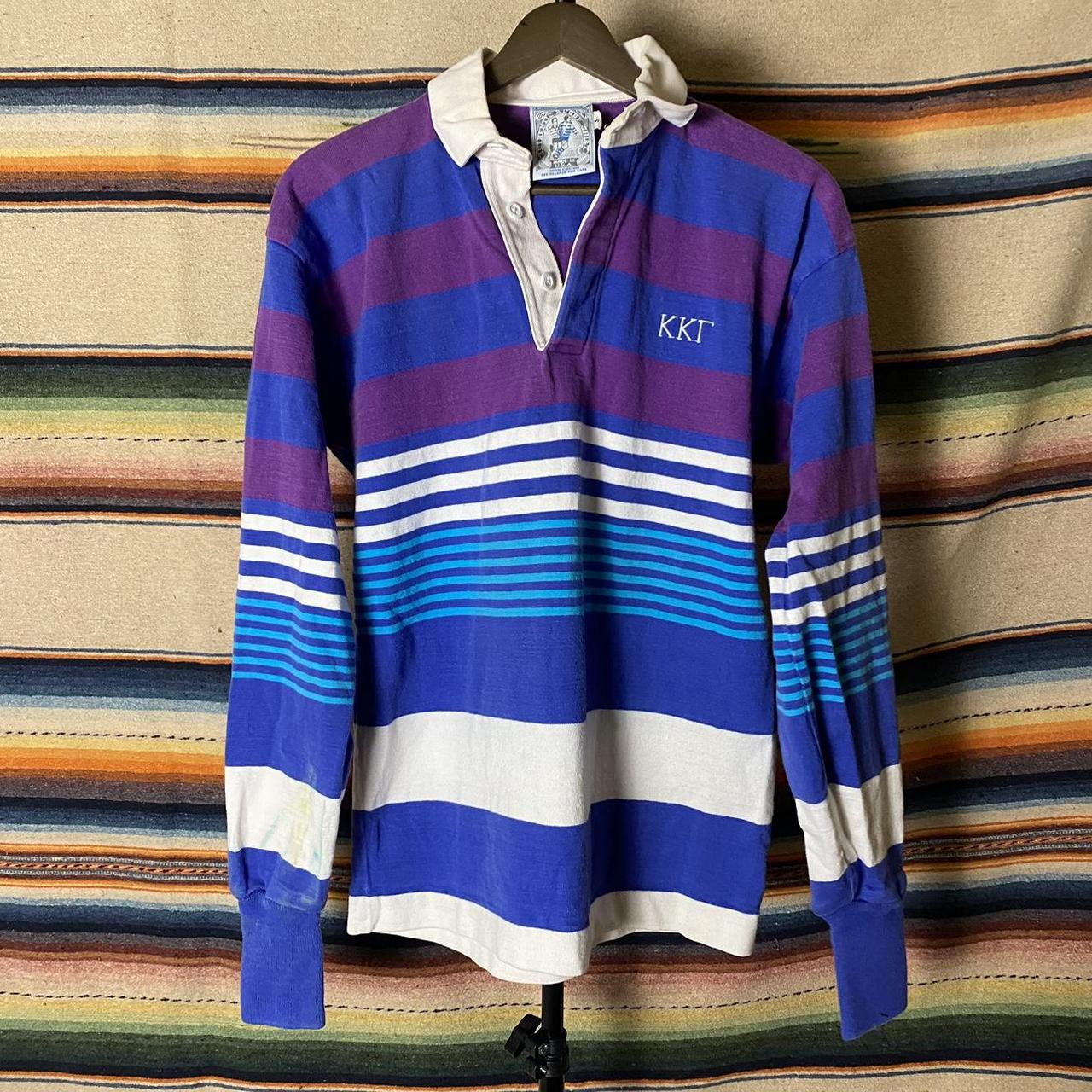 VINTAGE 90s BLUE AND PURPLE RUGBY STRIPED LONG... - Depop