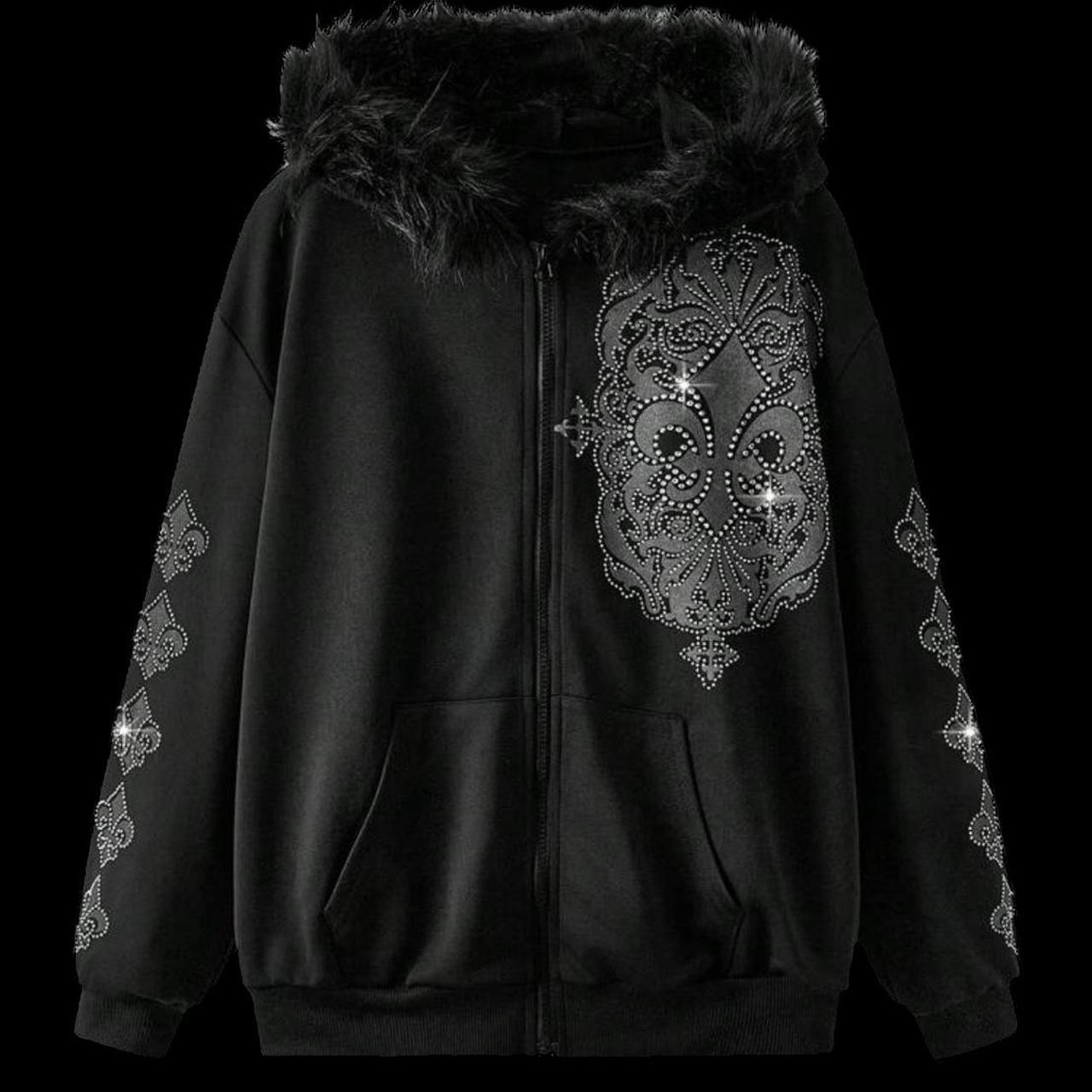 Emo grunge Black Fur Hoodie with studs Length:27.2... - Depop