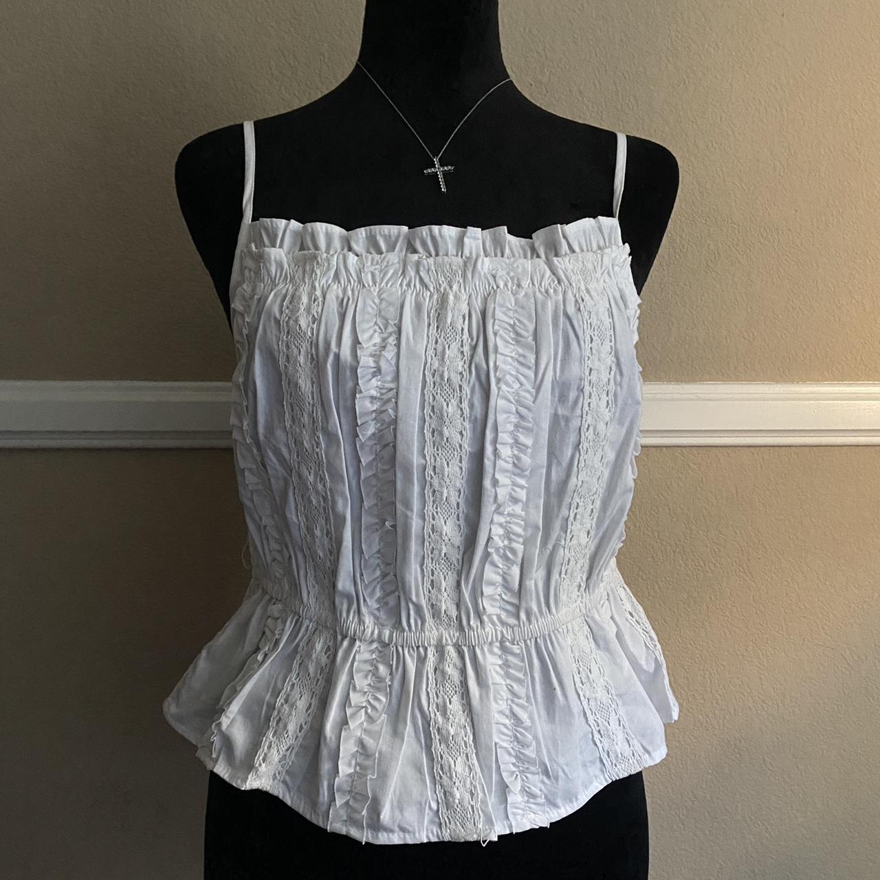 white ruffle cami top with lace details and ruffled... | Depop