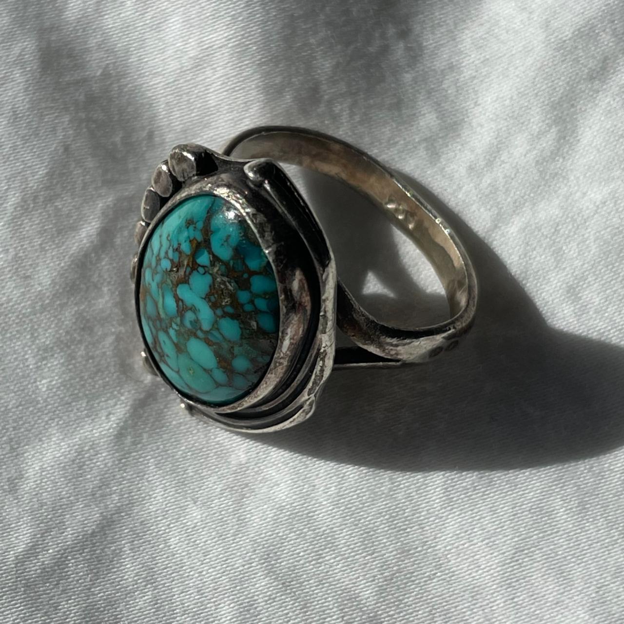 Chunky turquoise gemstone ring, real 950 silver and... - Depop