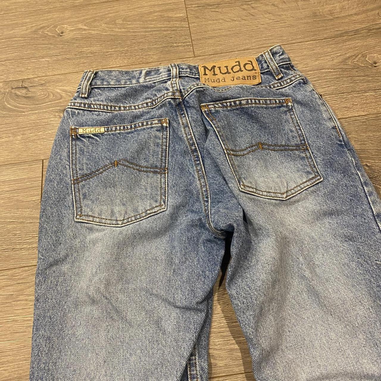 90s Mudd Denim Flared Blue Jeans Size 26x32 vintage... - Depop