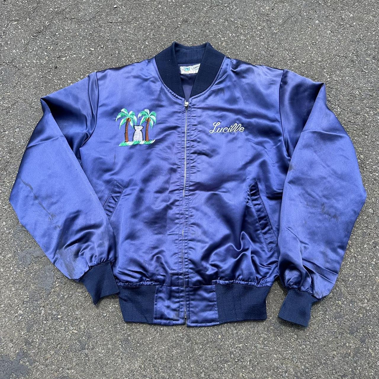 60s Guam Tourist Embroidered Satin Bomber Jacket... - Depop