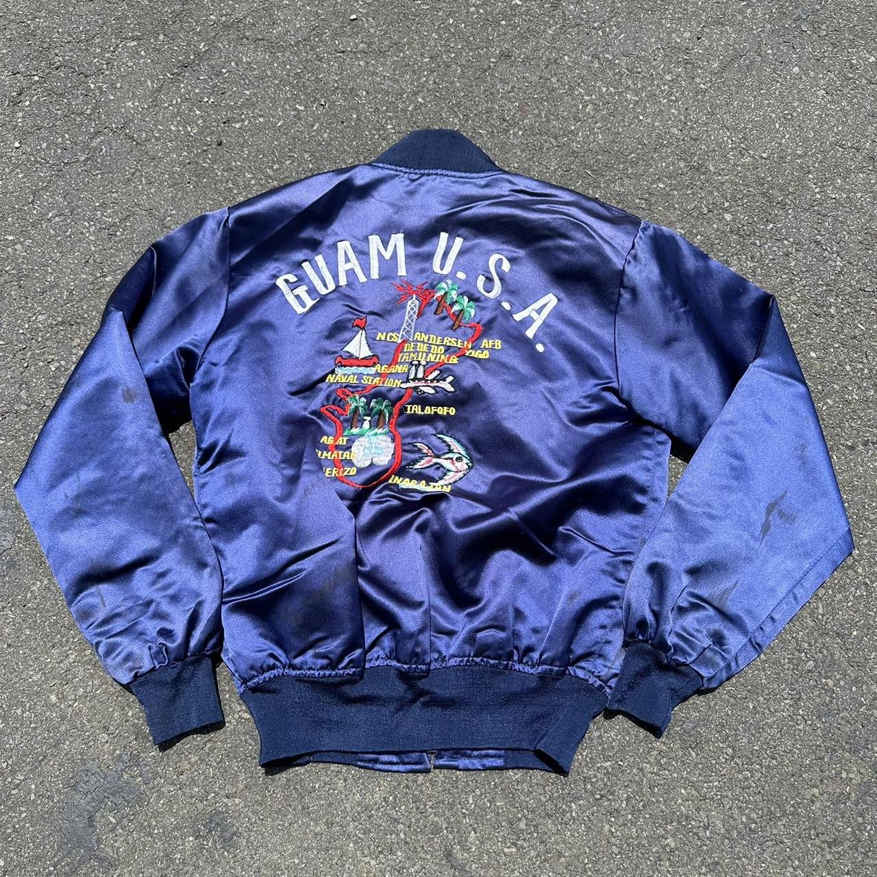 60s Guam Tourist Embroidered Satin Bomber Jacket... - Depop