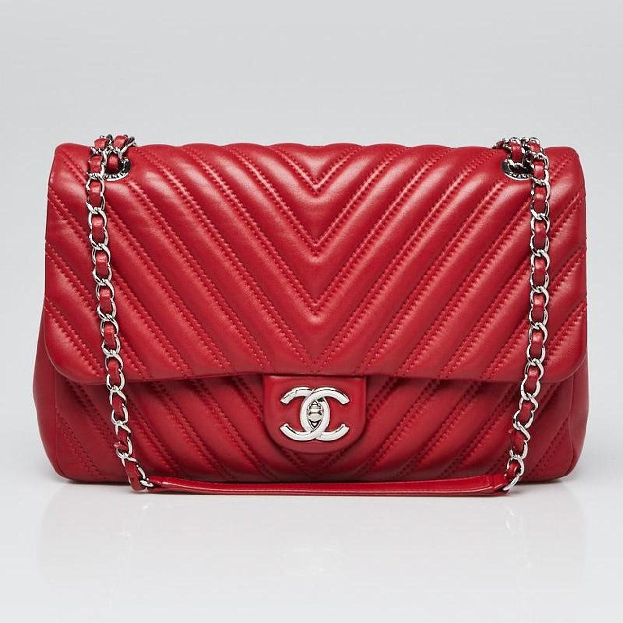Chanel Jumbo Chevron Double Flap Bag Lambskin Red - Depop