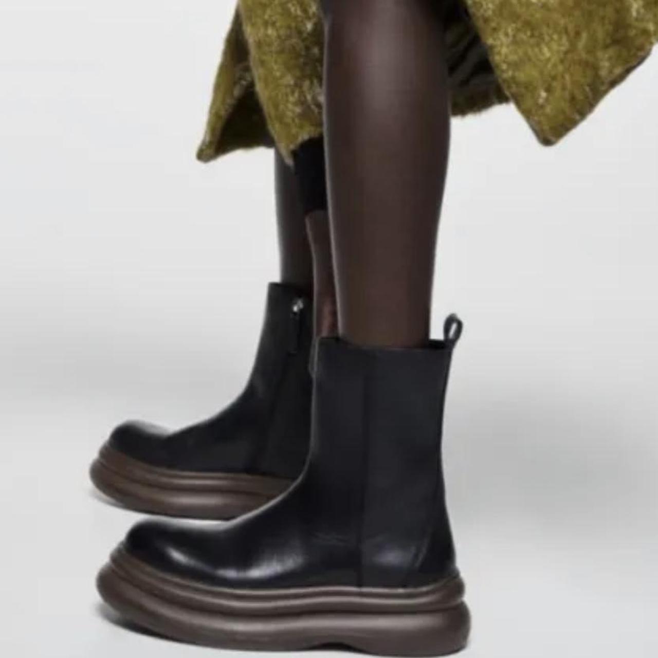 ZARA BLACK LEATHER ANKLE BOOTS WITH CHUNKY SOLES... - Depop