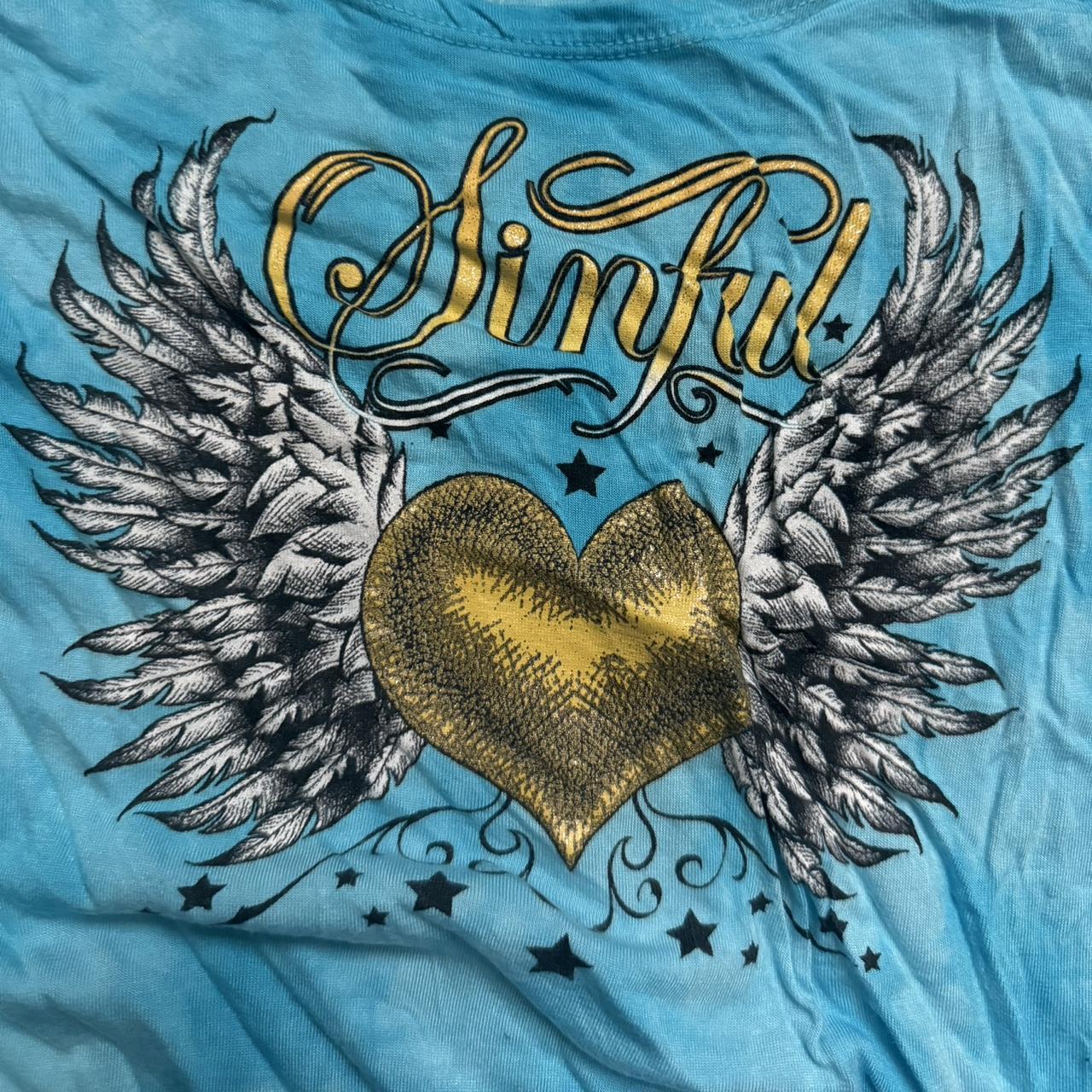 sinful wings angel affliction lookalike blue top... | Depop