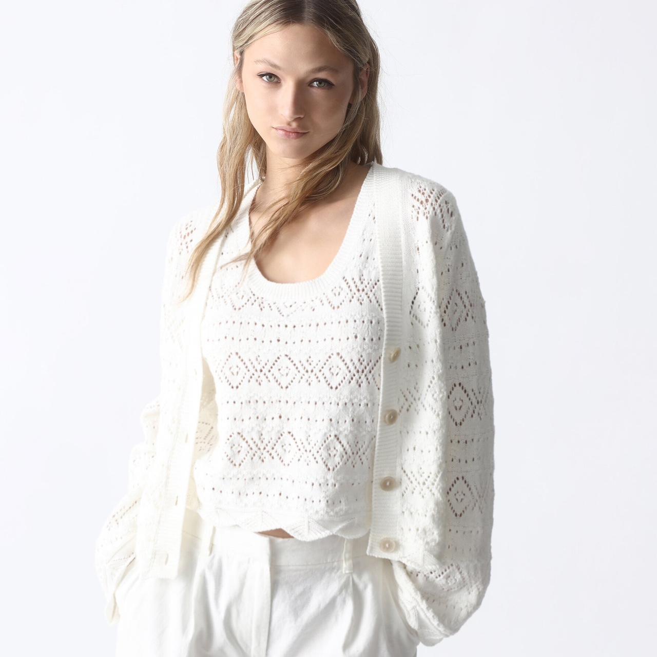 lefties white knit cropped cardigan size medium worn... - Depop