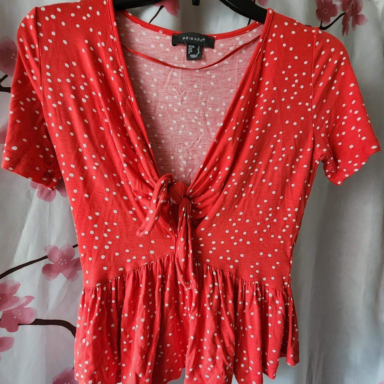 Primark Red Polka Dot Peplum Short Sleeve Shirt Size... - Depop
