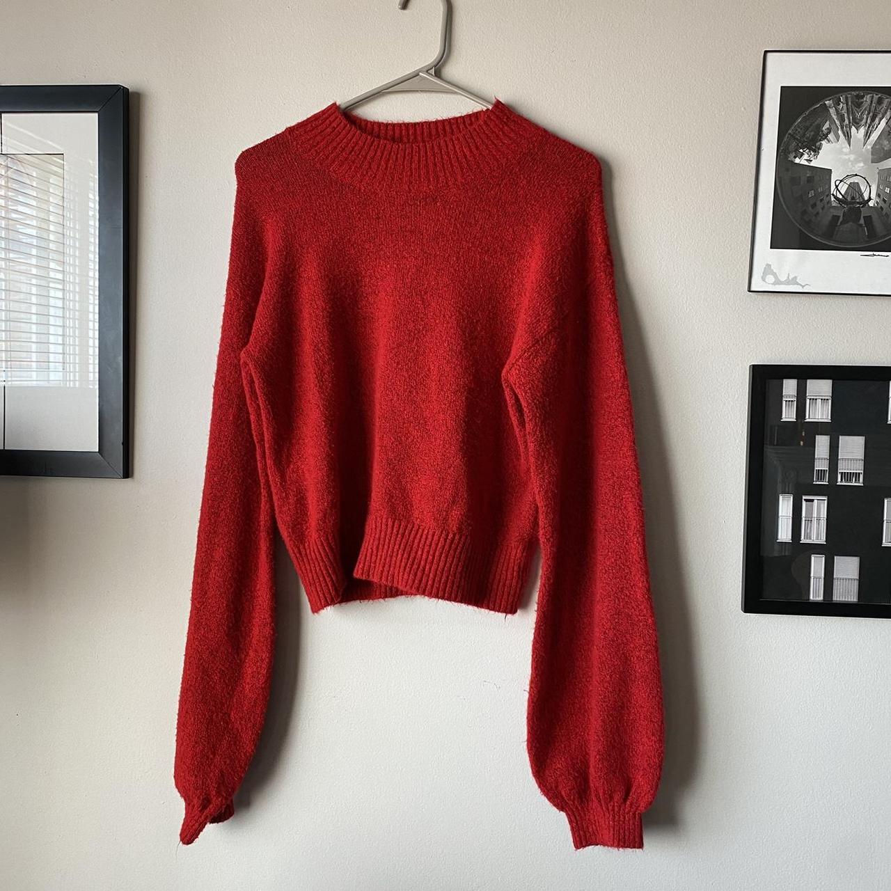 Red cropped sweater with mock neck and bell sleeve ,... - Depop