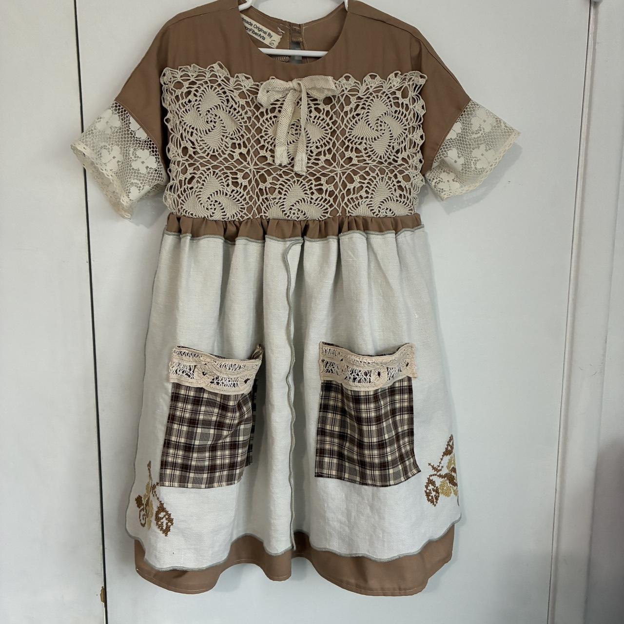 Little girls upcycled dress, made from vintage table... | Depop