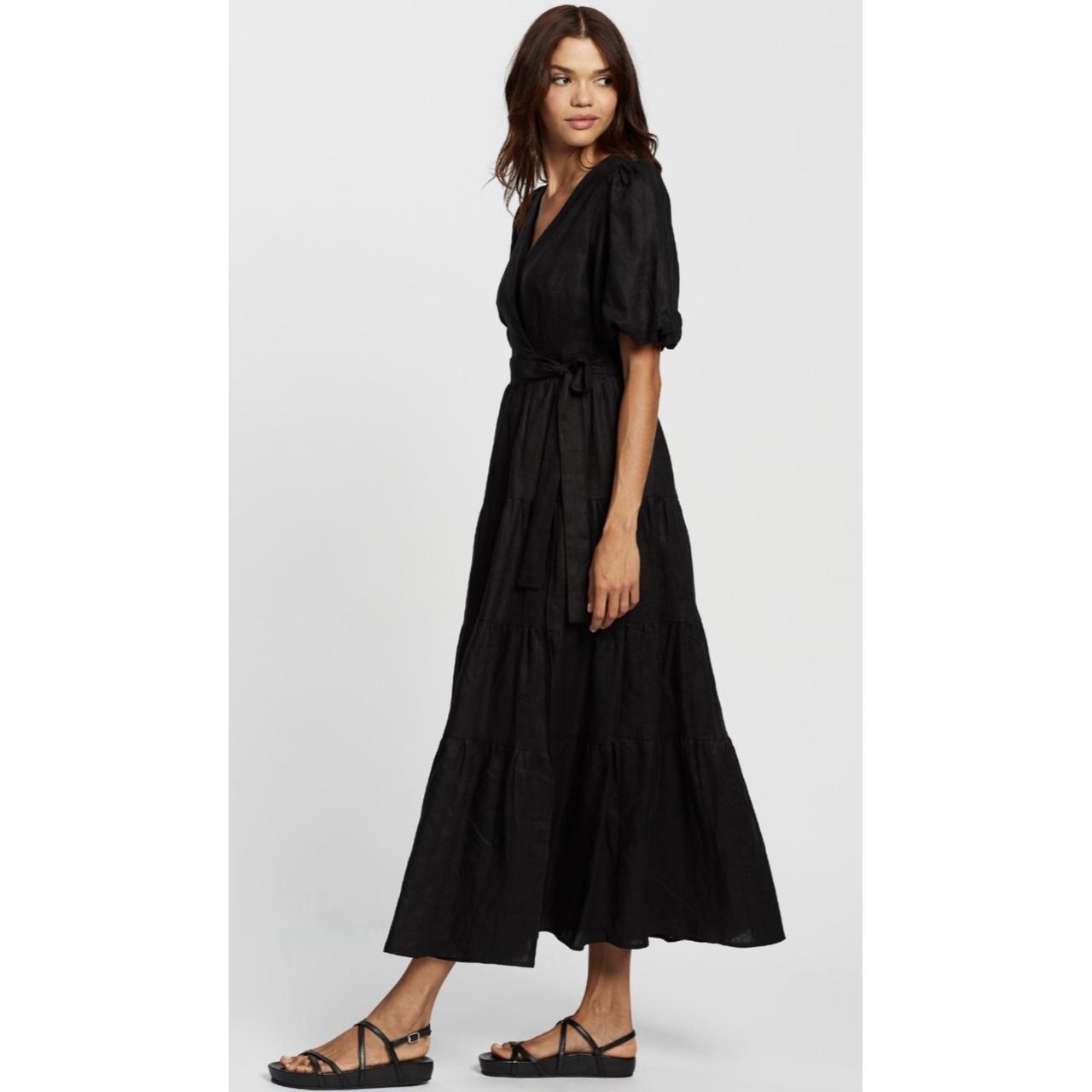 Aere Tiered Linen Midi Dress Black Size AU 8 Brand... | Depop