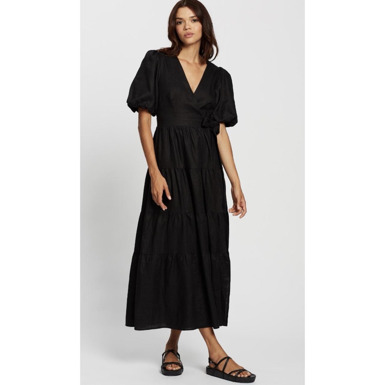 Aere Tiered Linen Midi Dress Black Size AU 8 Brand... | Depop