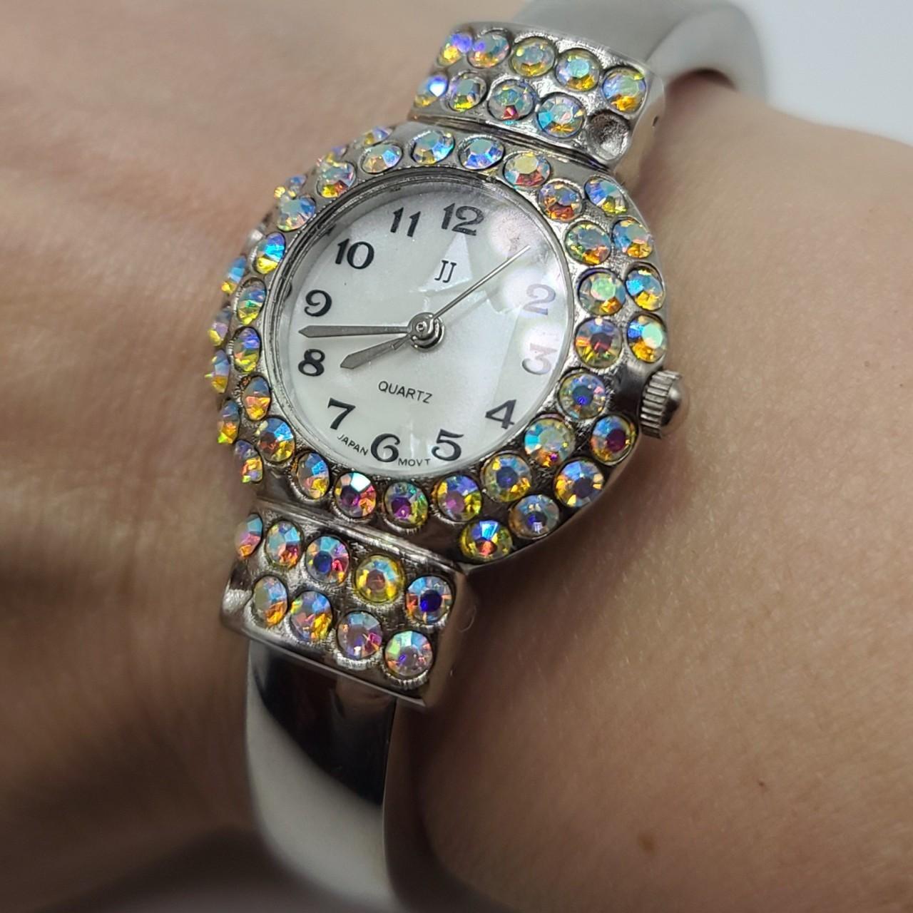 JJ Silver Tone Jeweled Cuff Watch. New battery. ... - Depop