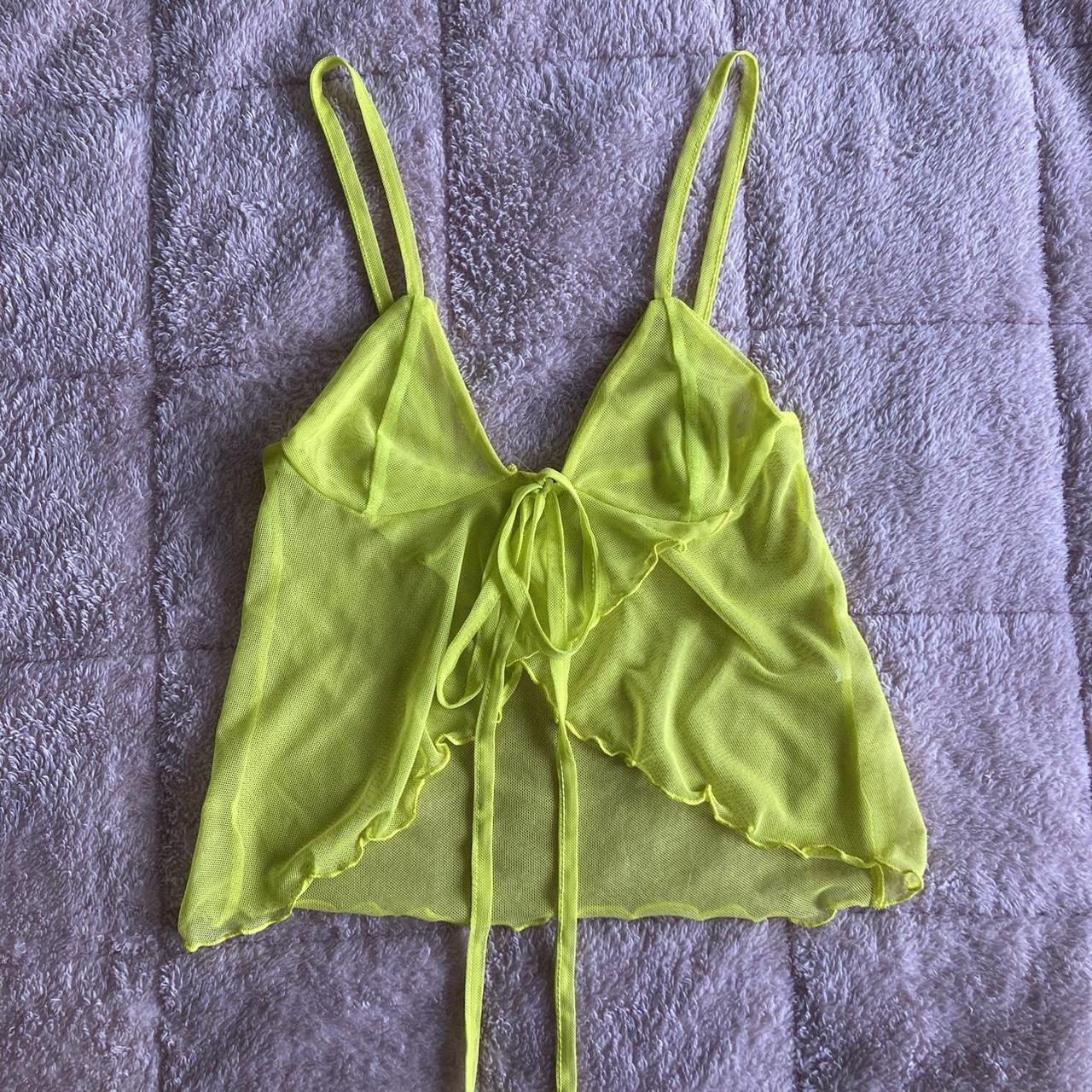 Neon yellow mesh top 💛 floaty, bows, strappy 💛... - Depop