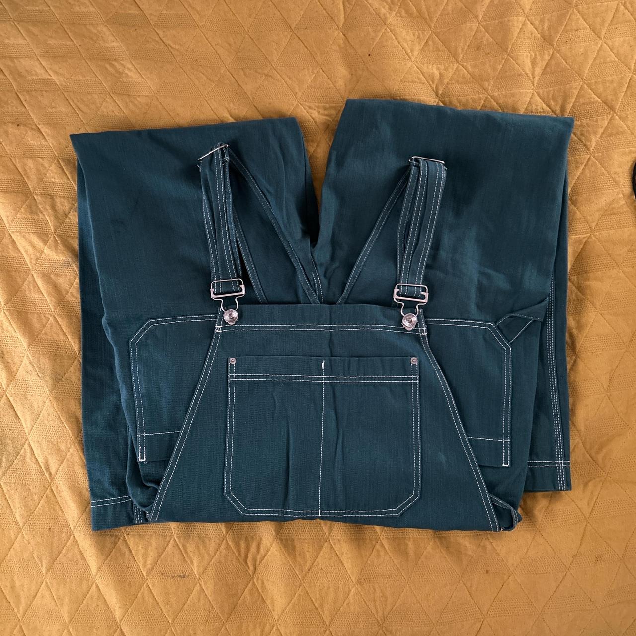 BDG Green denim overalls with white stitching... | Depop