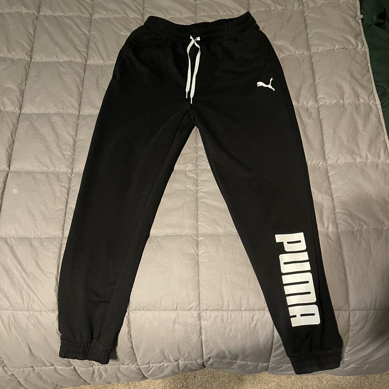 Women’s Black Puma joggers with white logo, size:... - Depop