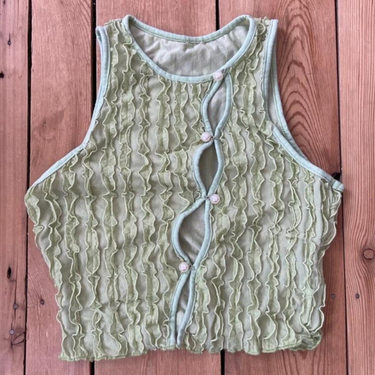 Green ruffle tank top with white pearl beads - super... - Depop