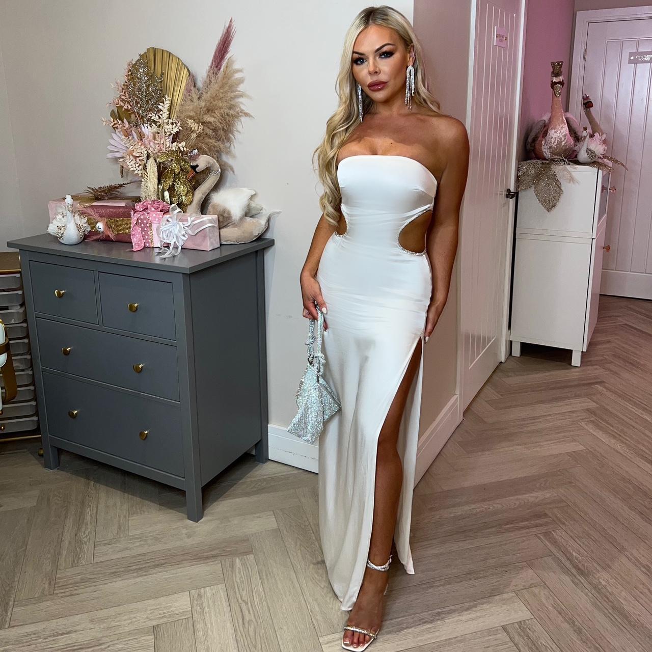 White silk strapless dress with open sparkle sides.... - Depop