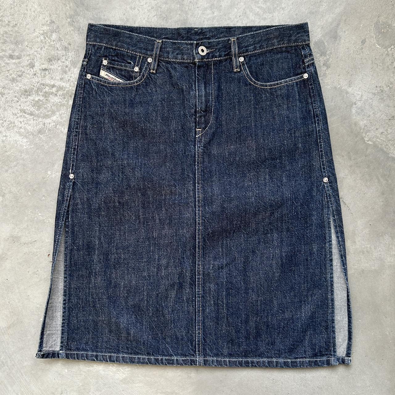 vintage diesel denim skirt with deep slits at both... - Depop