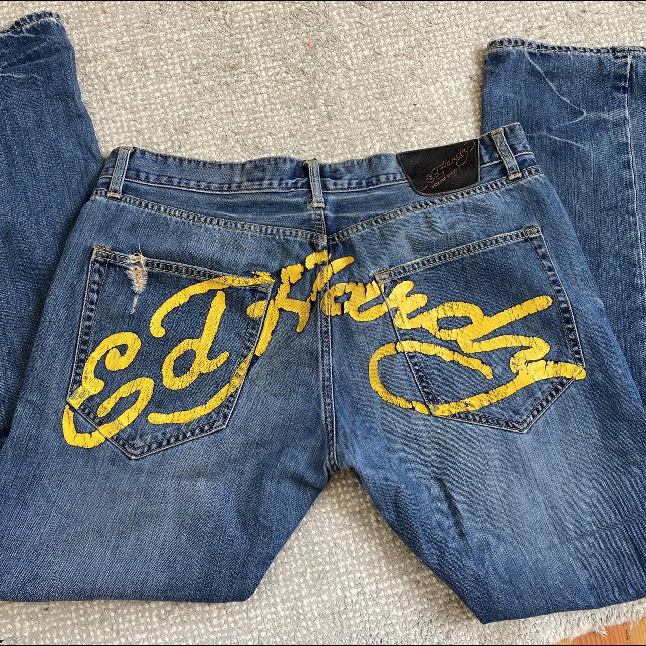 Ed Hardy Men's Blue and Yellow Jeans | Depop