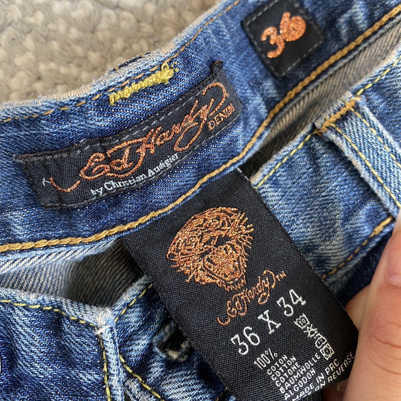 Ed Hardy Men's Blue and Yellow Jeans | Depop