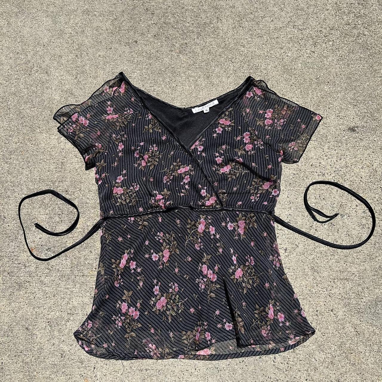 90s Black Floral top 🖤 sheer around sleeve and... - Depop