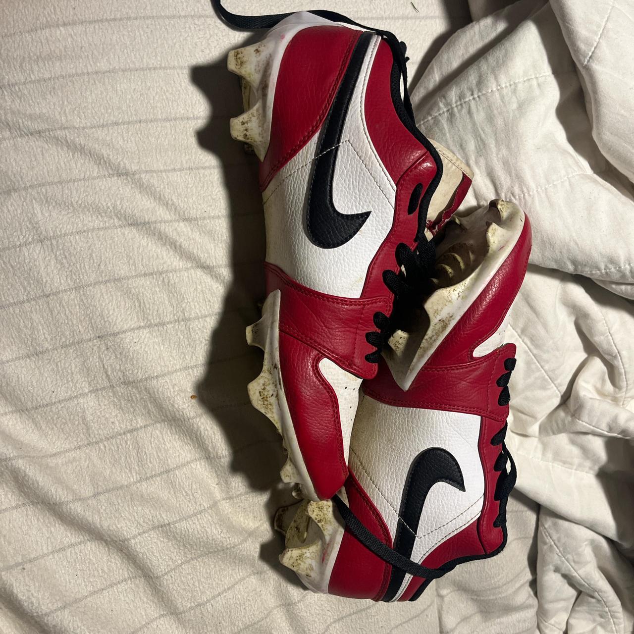 Red and white dunk football cleats size 11.5 run... | Depop