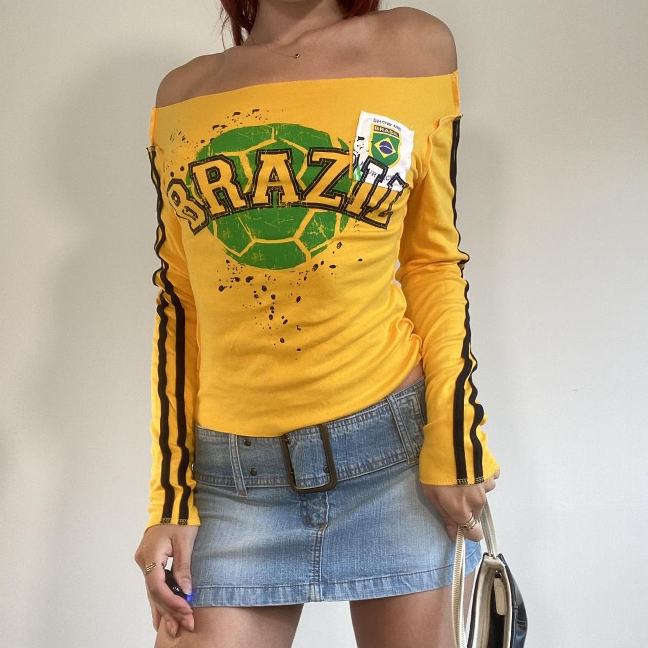 vintage yellow long sleeve off the shoulder graphic... - Depop