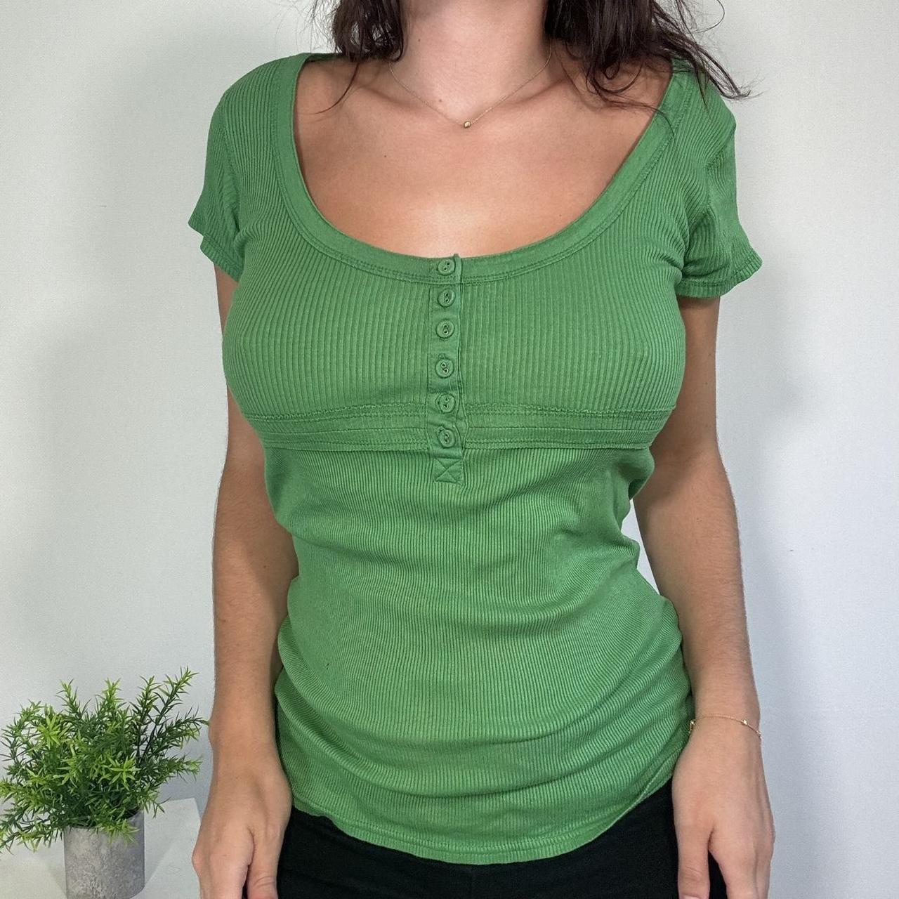Vintage Green Button Up Top 00s fitted top/ Size... - Depop