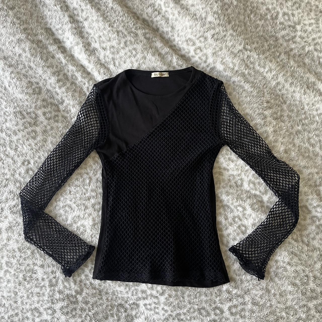 Y2k black sheer mesh fishnet top Long sleeve with... | Depop