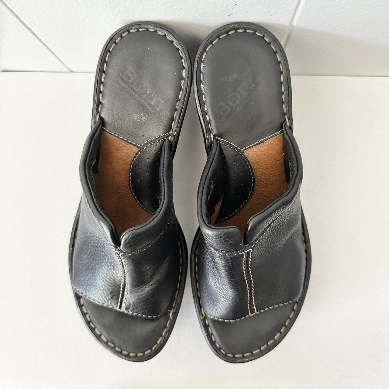Born black leather slip on platform wedged mules,... - Depop