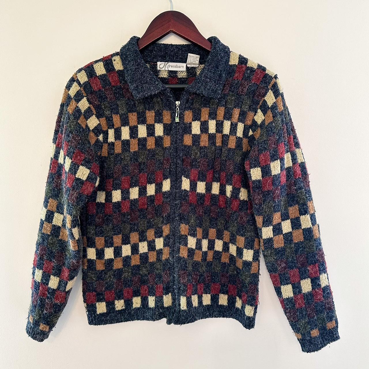 Vintage Checkered EarthTone Zip-up Sweater Gray,... - Depop