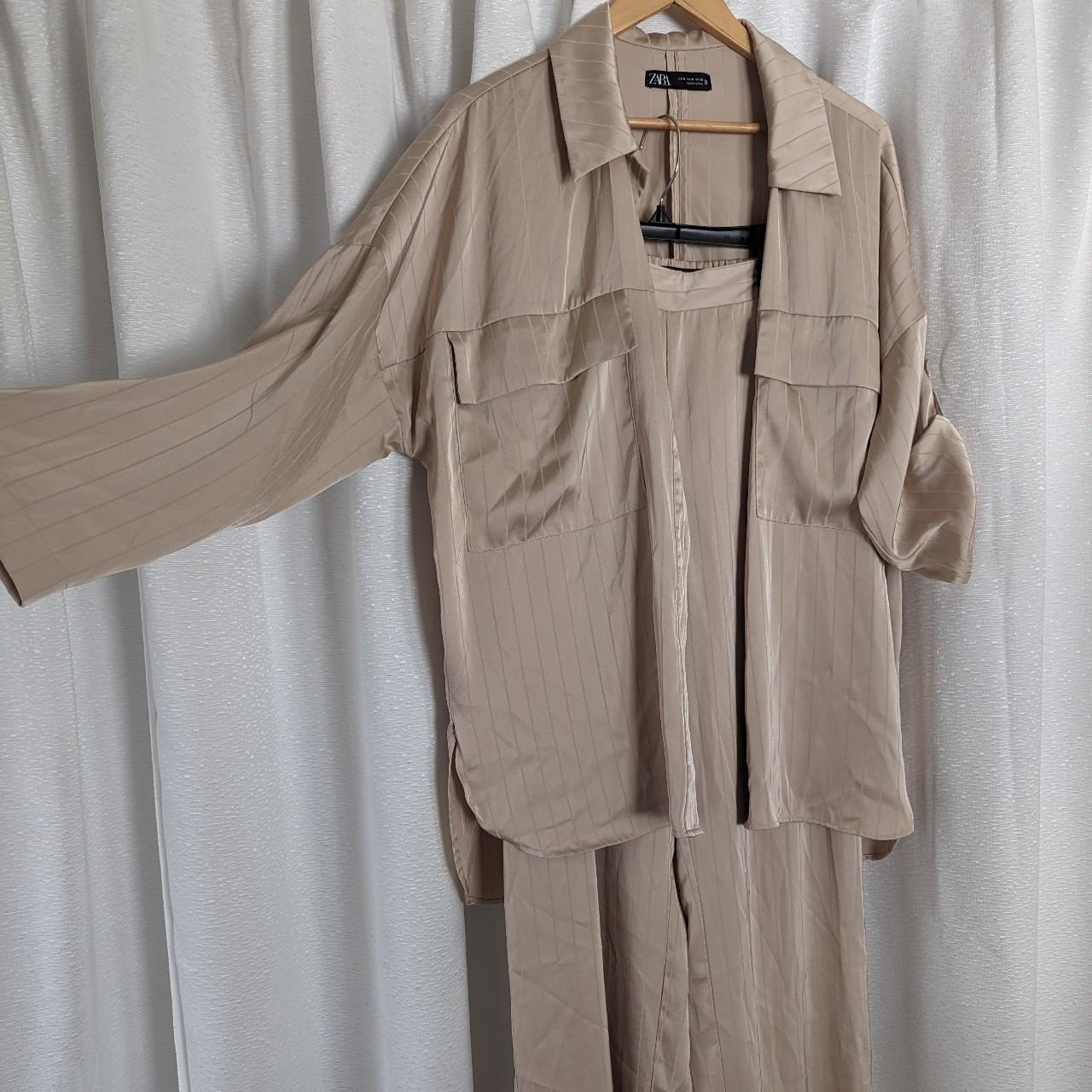 Zara Silky Pajama style Set. Pinstripe champagne... - Depop