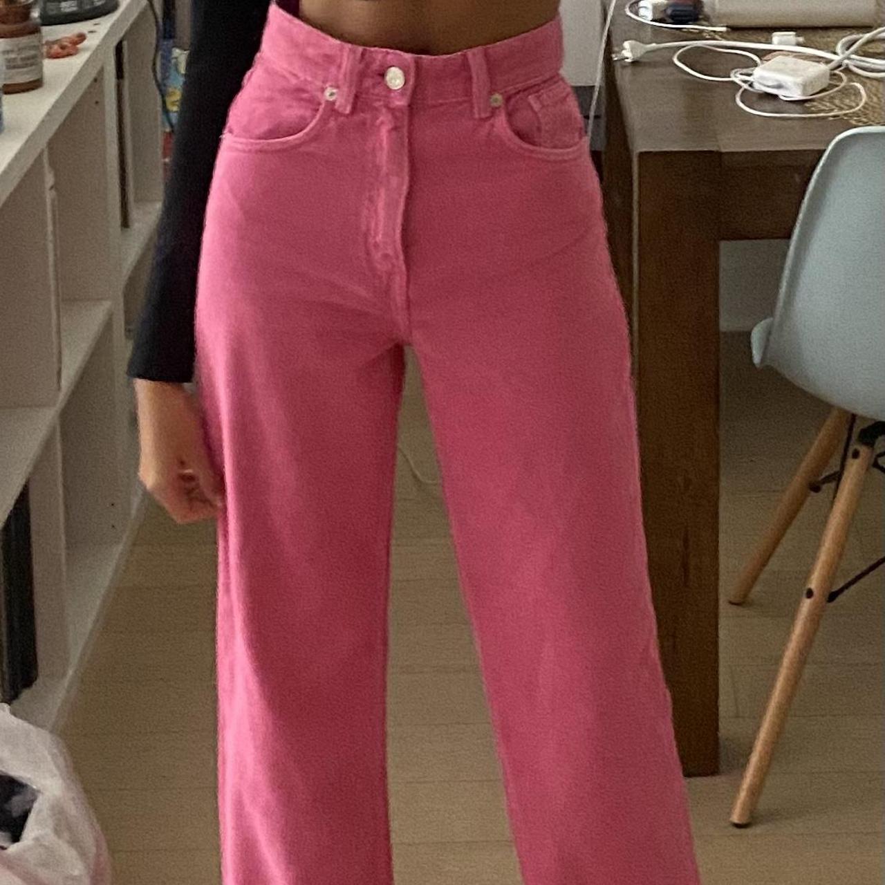 ZARA Hot Pink High Waisted Wide Leg Jeans Worn a... - Depop