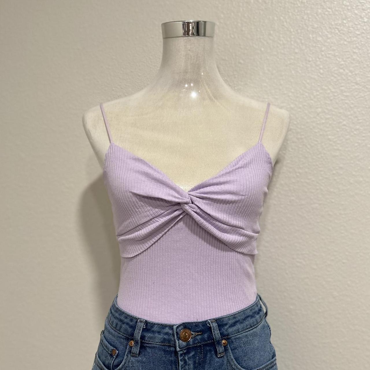Lavender purple ribbed tank top bodysuit with twist... | Depop