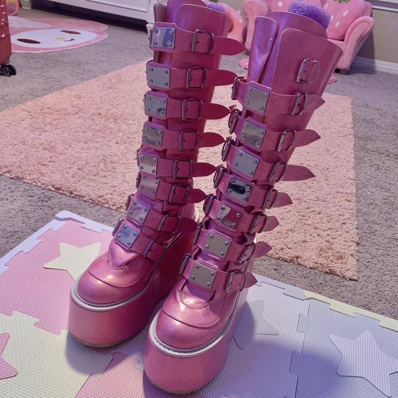 Authentic Demonia pink heel buckle straps platform... - Depop