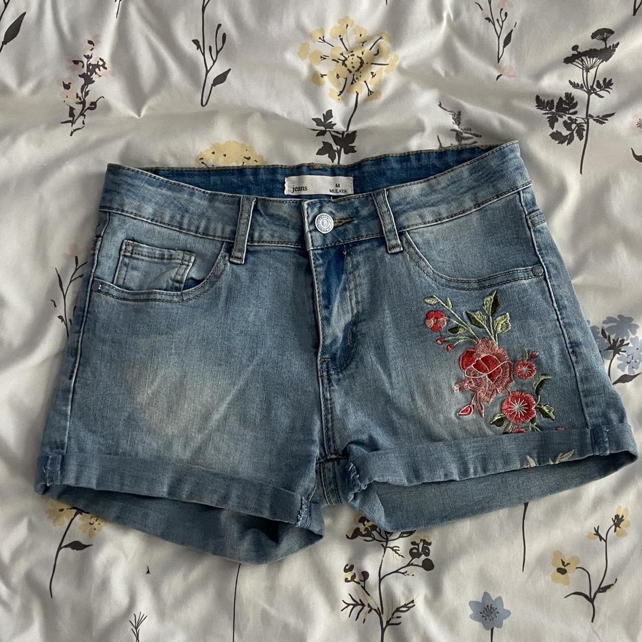 super cute denim embroidered jean shorts with... - Depop
