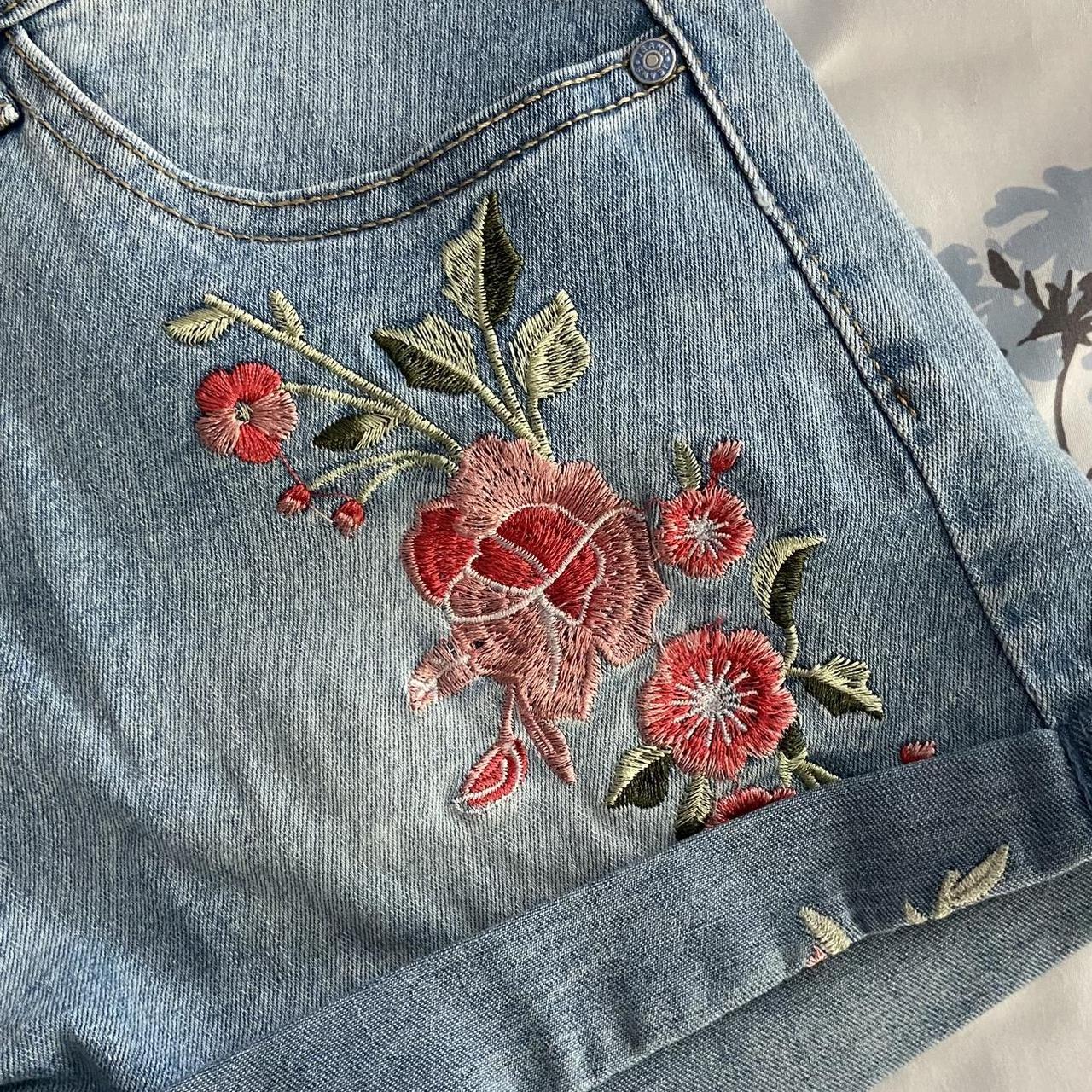 super cute denim embroidered jean shorts with... - Depop