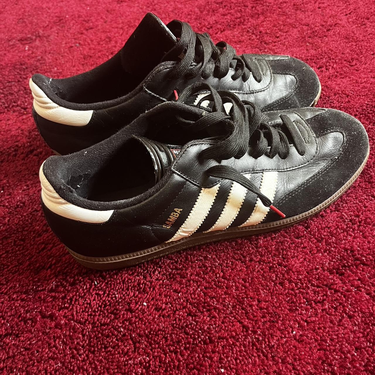 Used Classic Black Sambas- Size 10 Left shoe small... - Depop